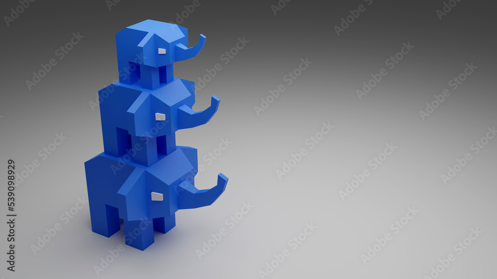Low poly blue elephants pyramid on grey background. PostgreSQL free database symbol concept or ...
