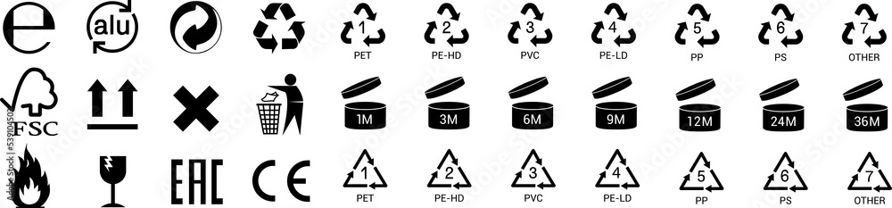 Photo Stock Packaging icons. Recycling symbols. Standard signs, certification mark set : Triman ...