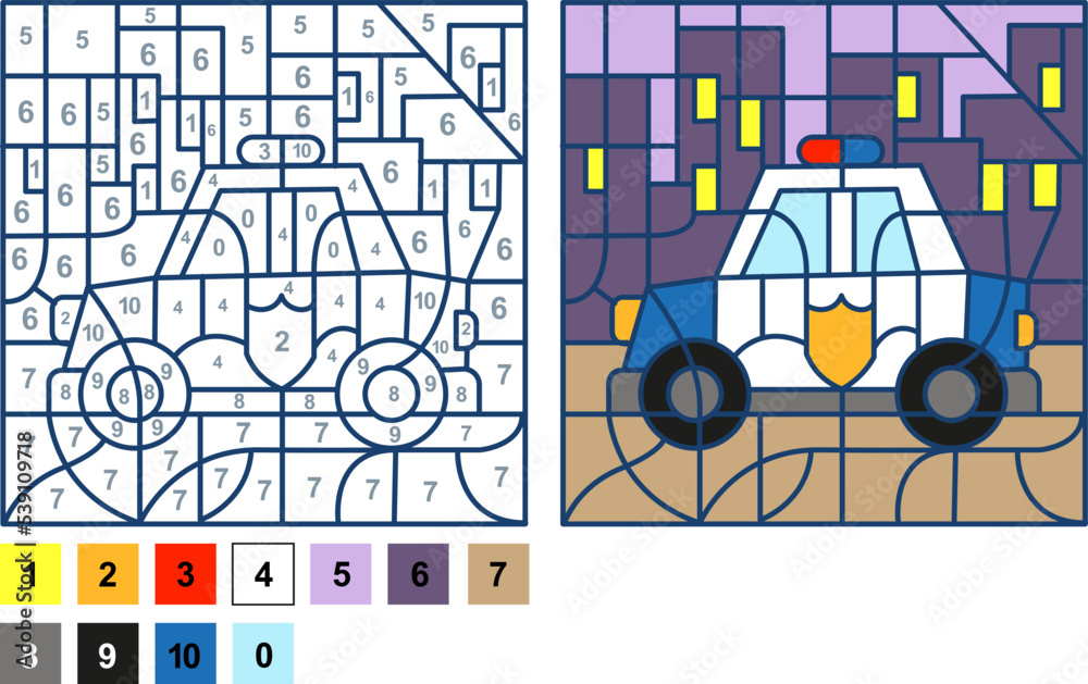 Puzzle game police car, color by number sheet for children. Vector ...