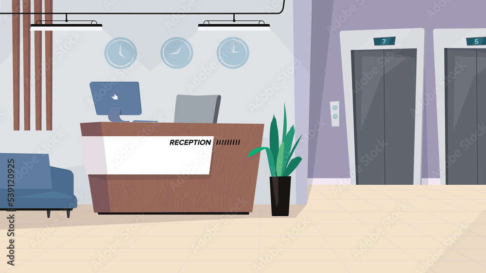 Reception waiting hall interior, banner in flat cartoon design. Lobby ...
