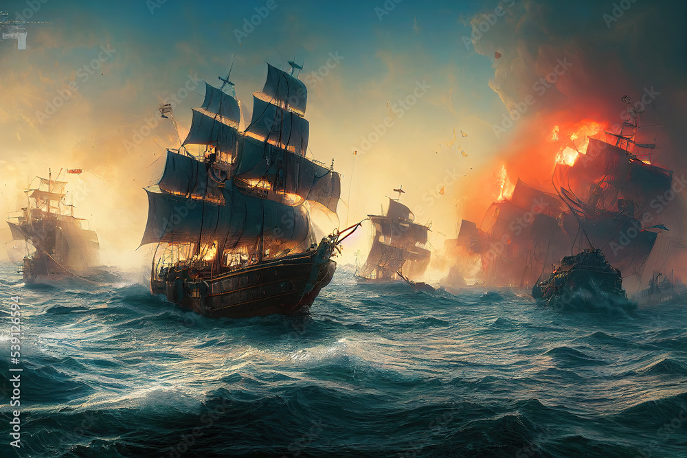 pirate ship fighting scene, fire canons ahead, disaster Stock ...