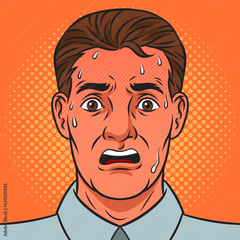 nervous frightened scared sweaty man with anxiety and flushed face ...