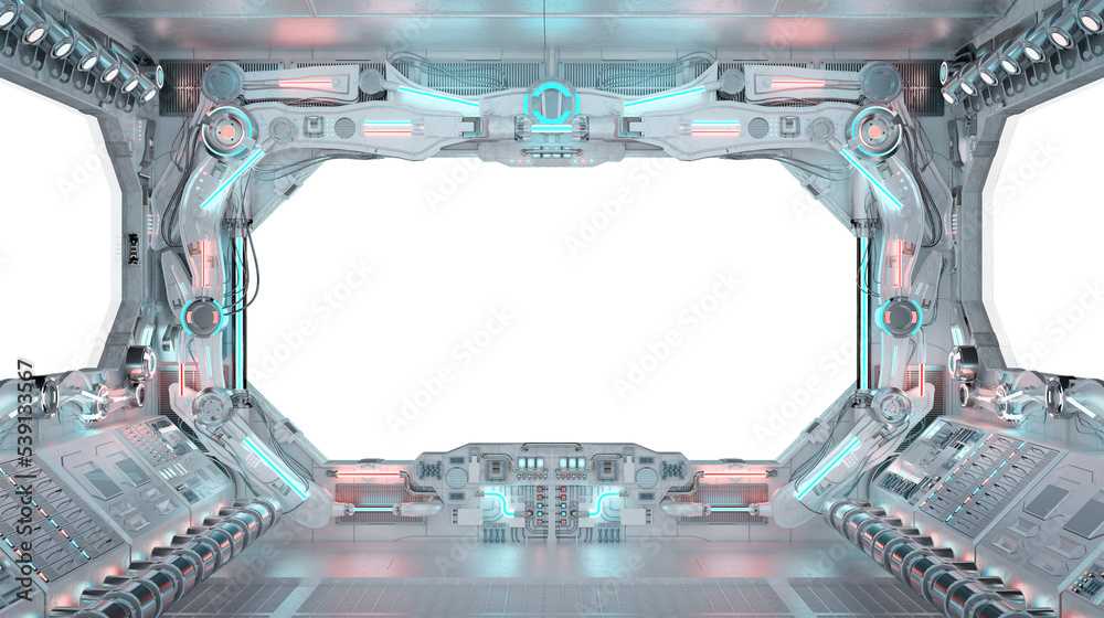 Spaceship interior with isolated transparent window. Futuristic ...