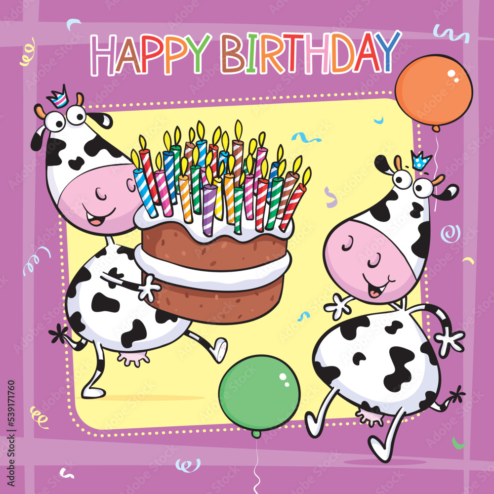 Cartoon vector illustration of two cows celebrating a happy birthday ...