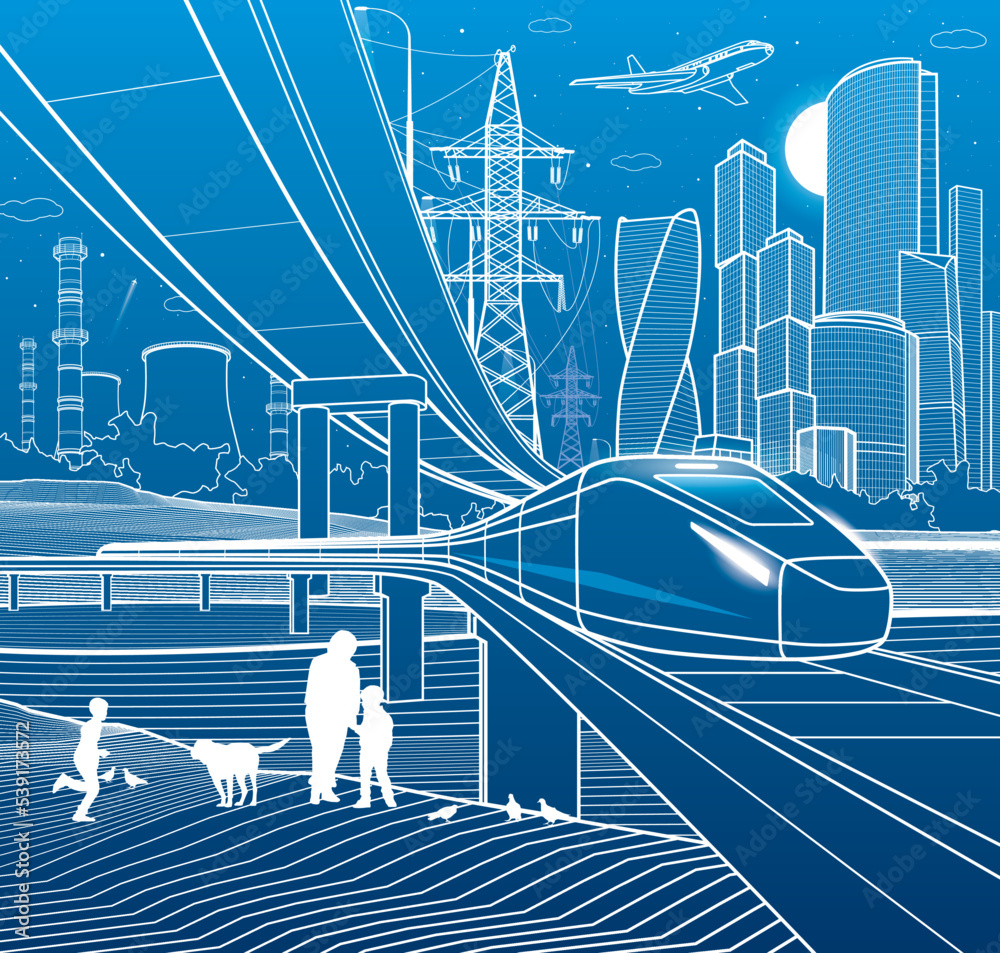 Outline city illustration. Railroad bridge. Car overpass. Train rides ...