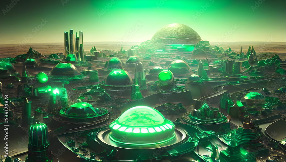 metropolis skyline on mars under a shining glass dome - alien planet ...