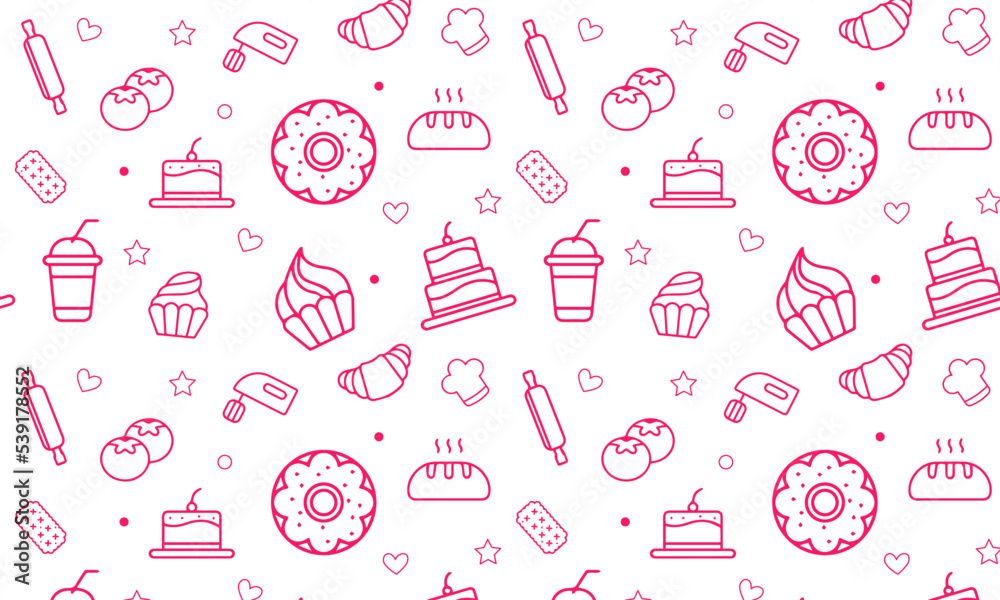 Sweet food seamless pattern with flat line icons. Pastry vector ...