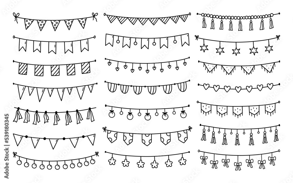 Set of cute festive buntings and flags for parties isolated on white ...