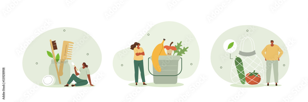 Zero waste illustration set. Characters using cotton crochet bag and ...