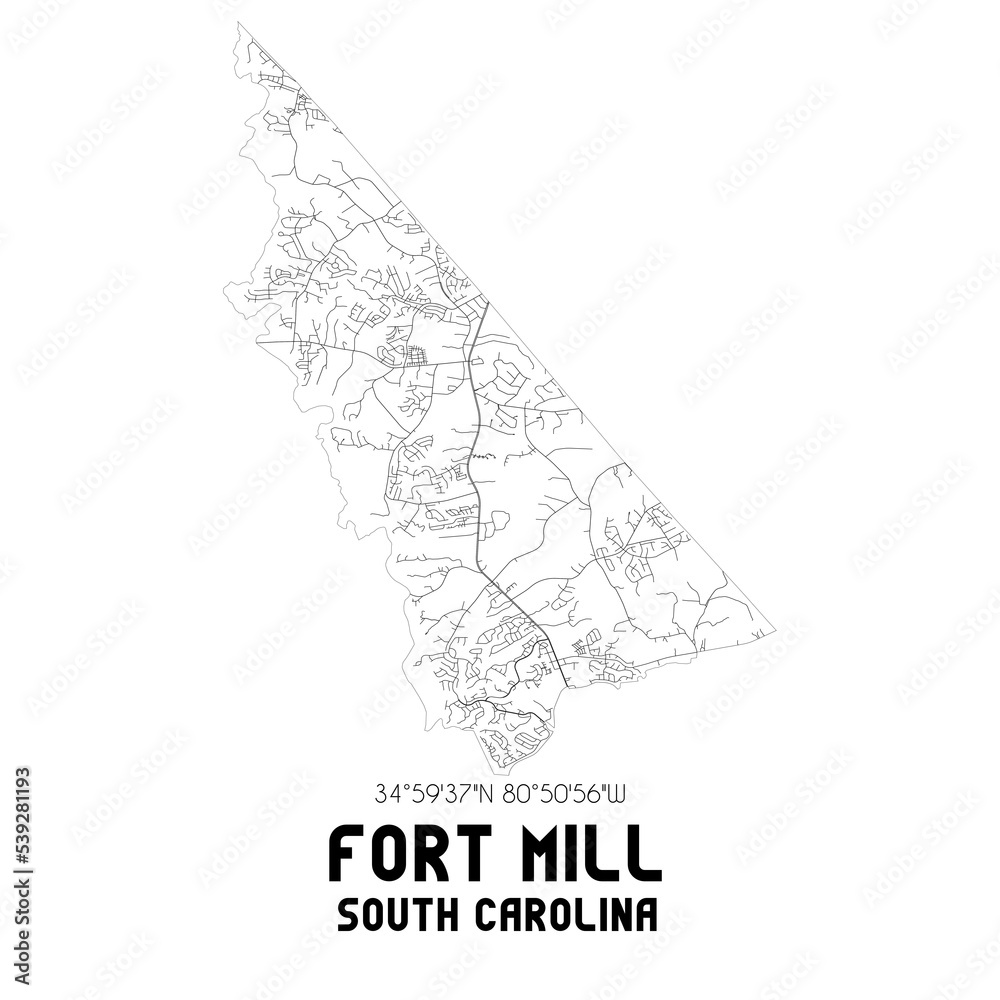 Fort Mill South Carolina. US street map with black and white lines ...