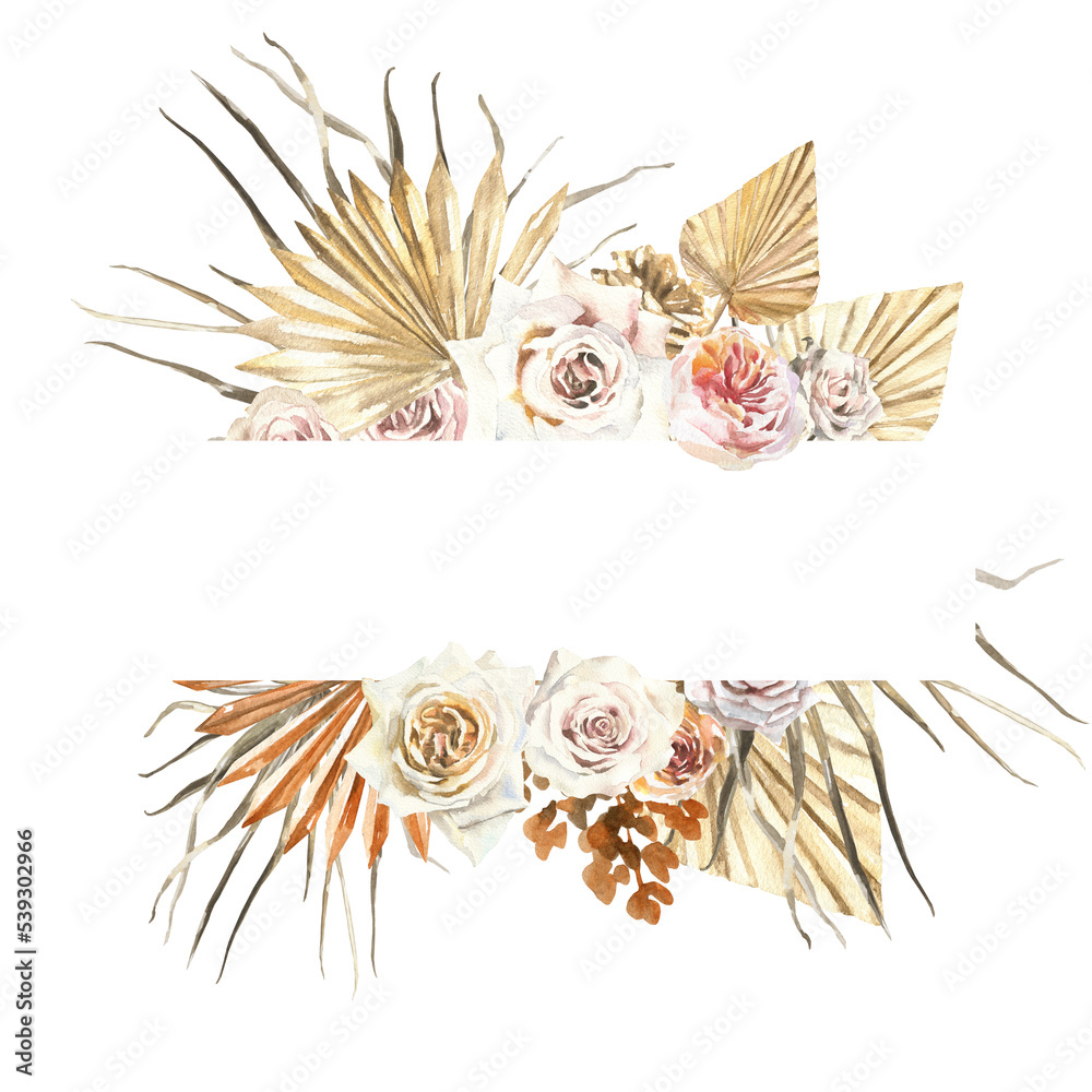 Watercolor boho frame.,border,banner. Dried flowers arrangements ...