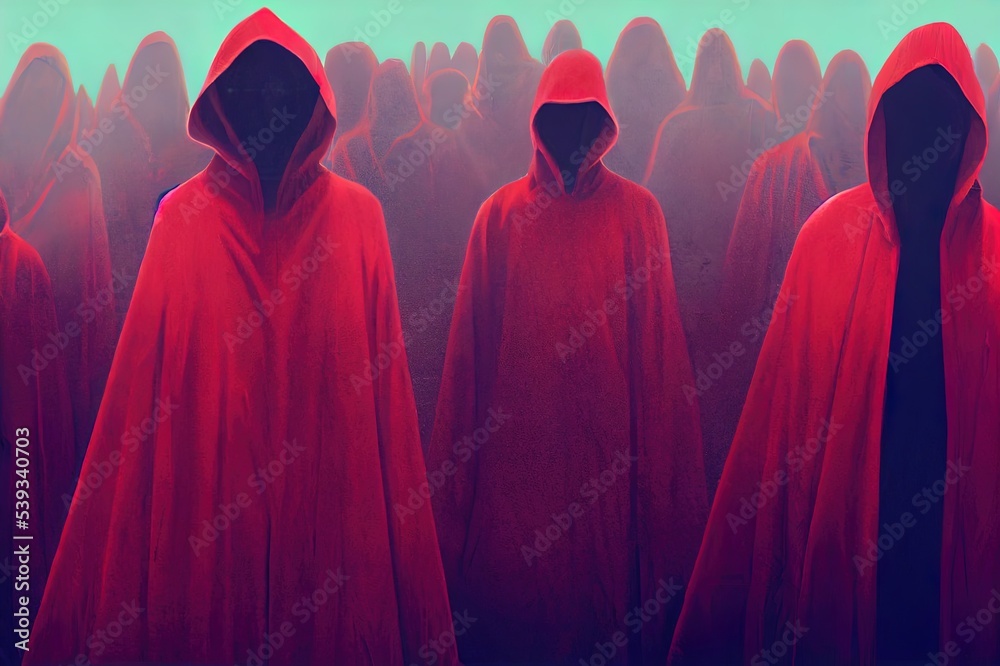Group of mystery people in a red hooded cloaks. Unrecognizable person. Hiding face in shadow ...