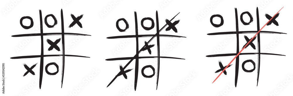 Tic tac toe in hand drawn style with brush and ink. three models of ...