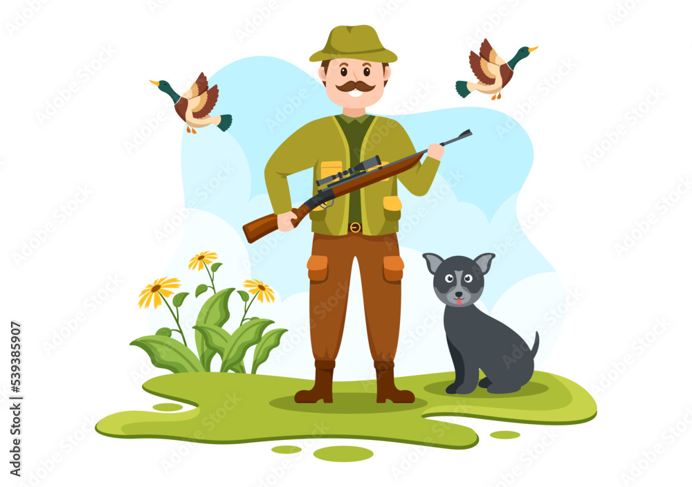 Hunter with Hunting Rifle or Weapon Shooting to Birds or Animals in the ...