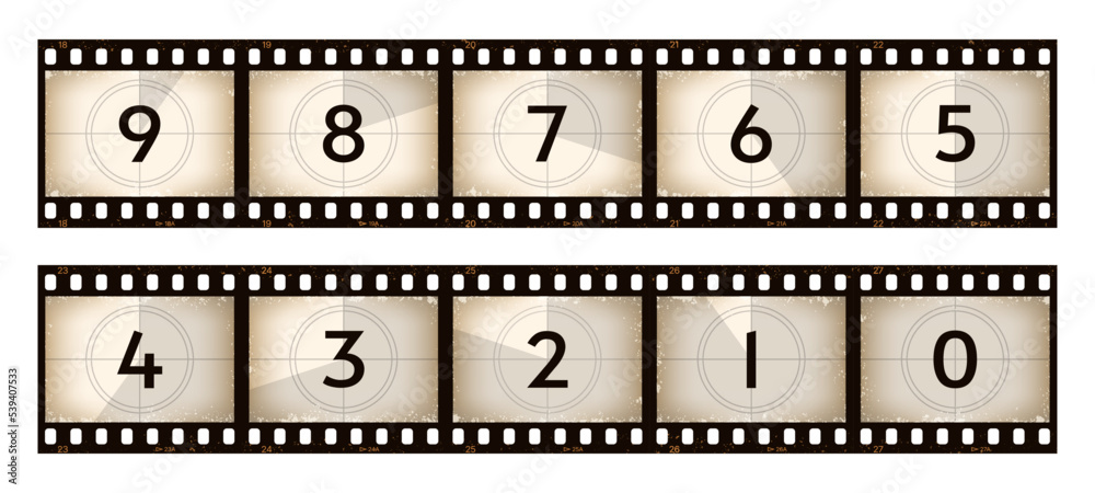 Movie countdown old grunge film strip. Animation start timer retro ...