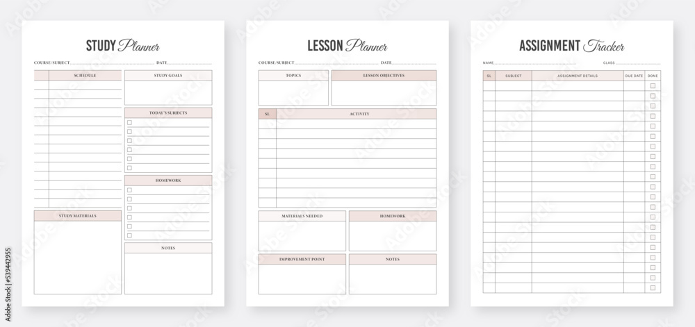 Study Planner Template Design. 3 Set of Minimalist Planners. Lesson ...