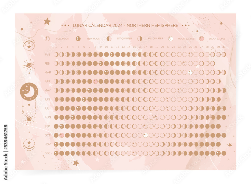 One page moon calendar 2024 year. Modern boho elegant marble pink moon ...