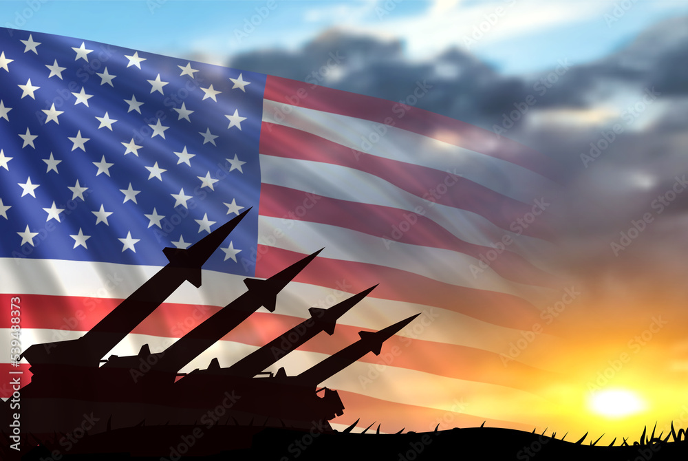 Strategic missiles concept on USA flag at the sky at sunset. Missile ...
