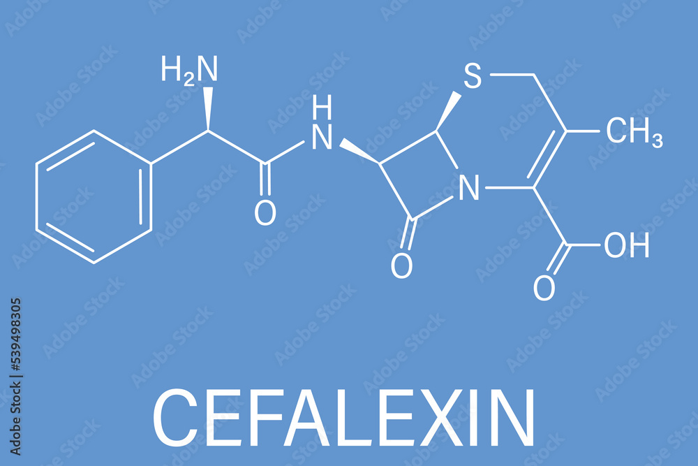 Cefalexin antibiotic drug molecule (cephalosporin, first generation ...