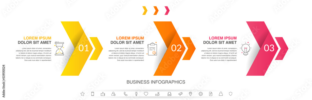 Vector timeline infographics with three steps, icons, flowchart ...