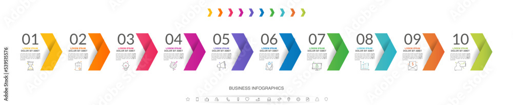 Vector timeline infographics with 10 steps, icons, flowchart, workflow ...