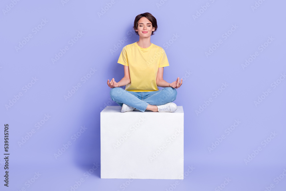 Full body portrait of calm pretty lady closed eyes sit platform ...