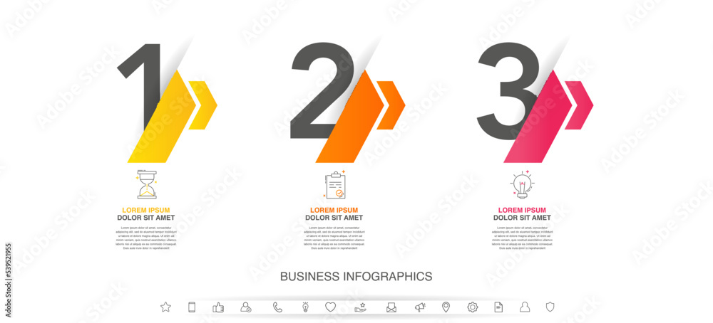 Vector timeline infographics with three steps, icons, flowchart, workflow and process ...