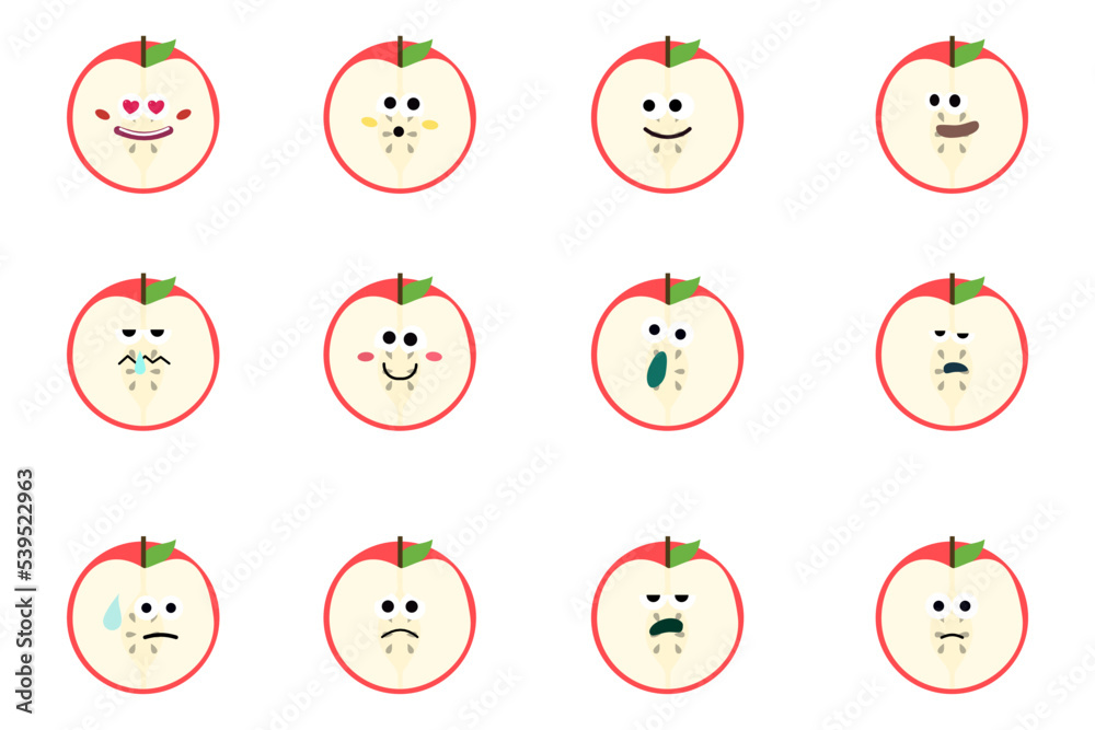 Set of cute apple characters with different emotions cartoon faces ...