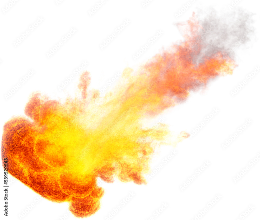Flying Fireball with smoke. Nuclear explosion. Fiery flame, 3d render ...