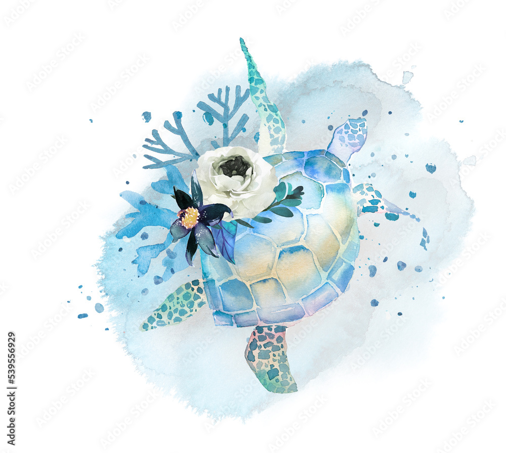 Watercolor turtle with flowers illustration. Ocean themed clipart ...