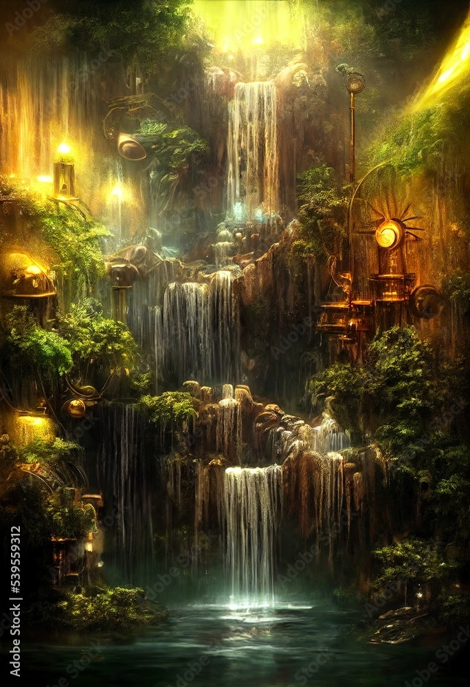 Steampunk forest with waterfall architecture in fantasy city ...