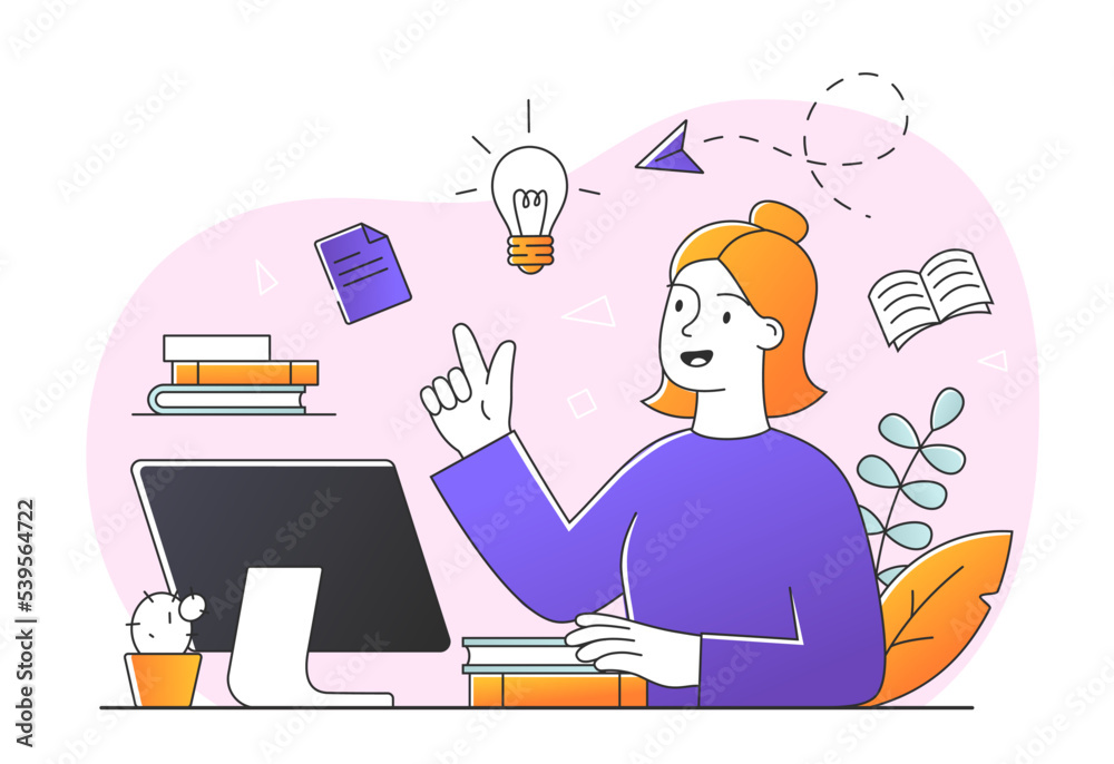 Learning online concept. Woman at computer does her homework, student ...