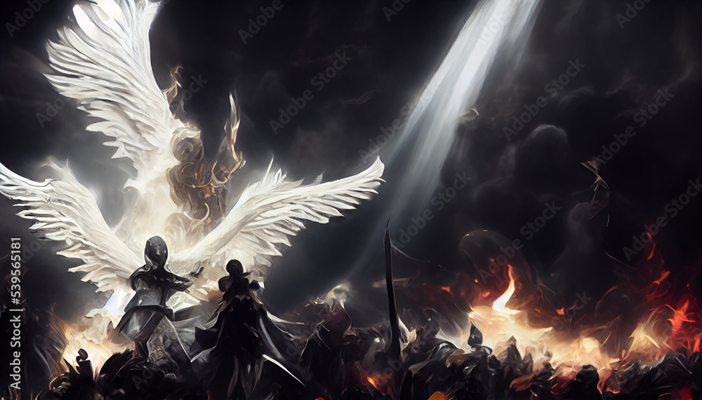 An angel fights with a demon. Eternal battle good vs evil. Inspired by Bible and Egyptian ...