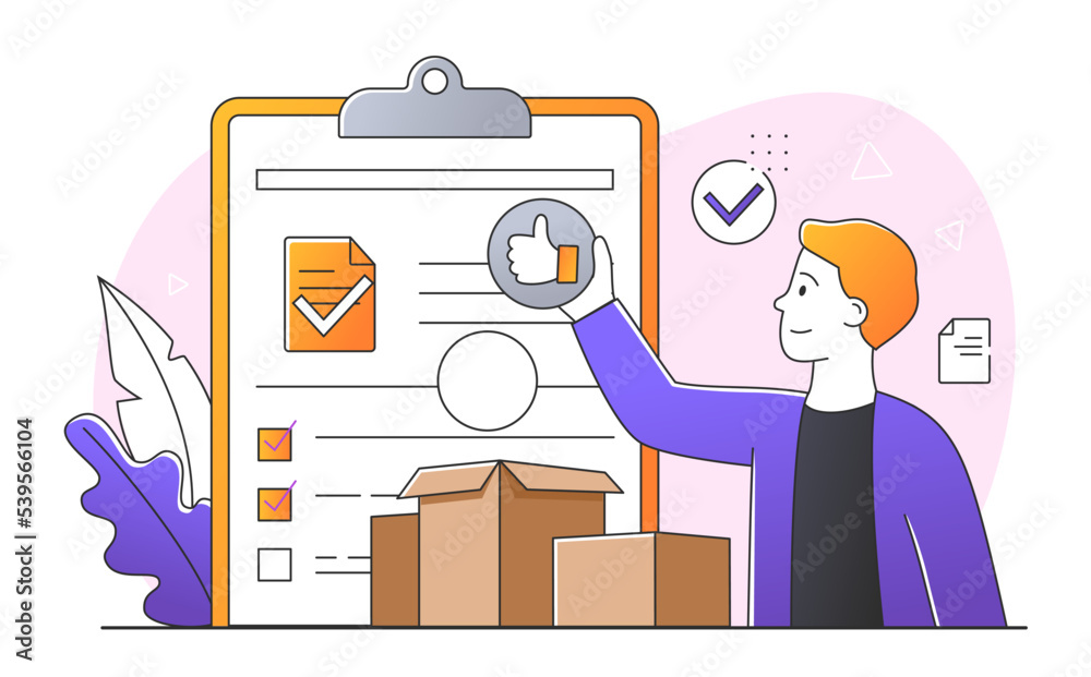 Product quality concept. Man evaluates goods and services, feedback ...