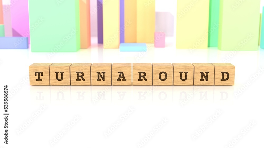 Letters TURNAROUND branded on wooden cube blocks reflected on the ...