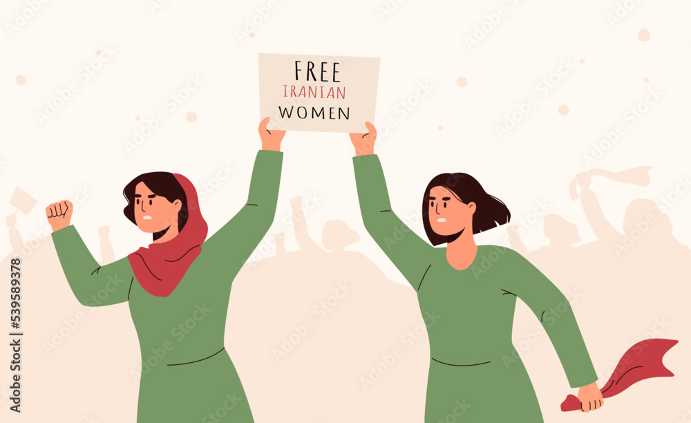 Flat illustration of iranian women protesting for freedom and rights ...