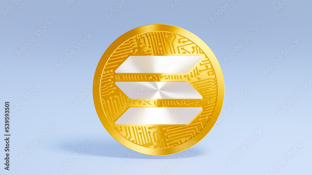 solana cryptocurrency, sol token sign and logo on golden coin, 3d ...