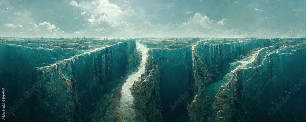 Ocean opening in biblical event of Moses. Opening of the Red Sea. 3D ...