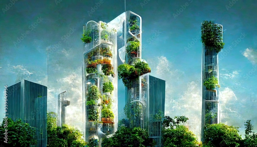 Vertical Garden on futuristic tall buildings, city of tomorow ...