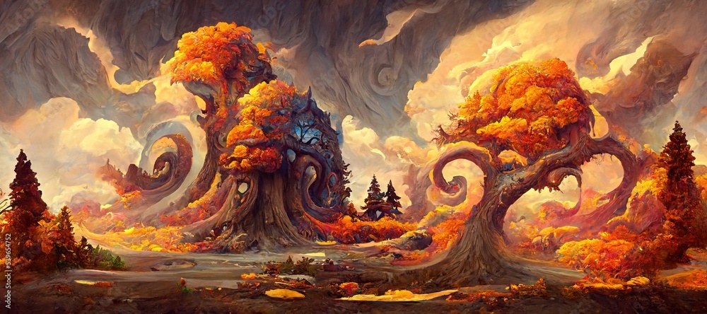 Abstract fantasy woods, ancient oak trees bent and twisted by fiery ...