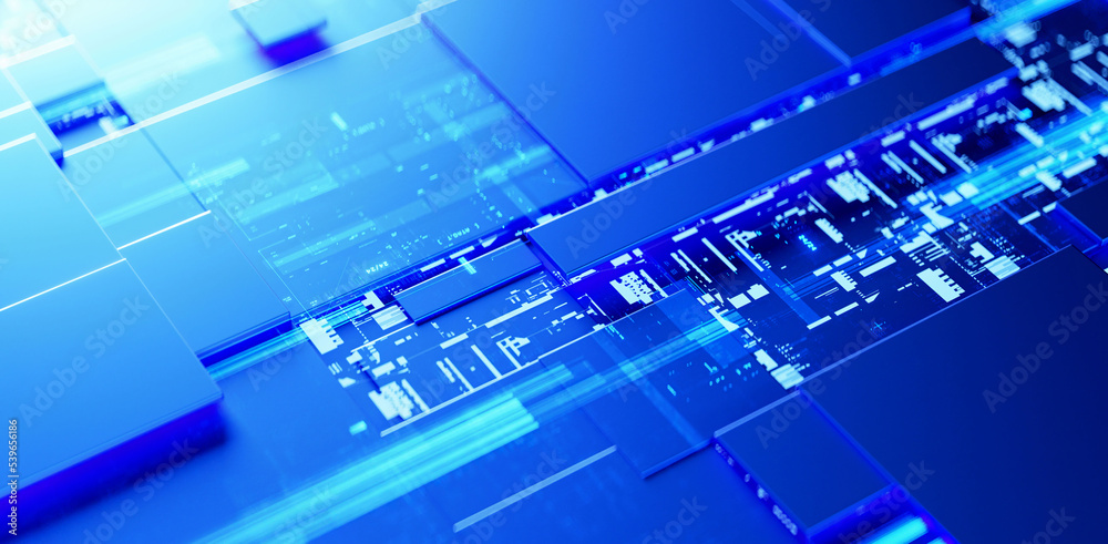 3D rendering of cyberpunk AI. Circuit board. Technology background ...