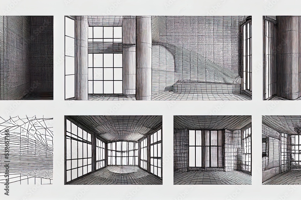 Interior sketch. 2d style rendering of 3d. Wire frame style. The layers ...