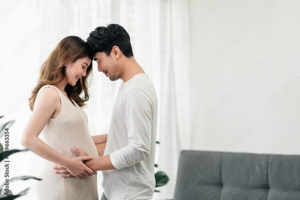A happy asian couple. A beautiful pregnant wife and her handsome husband are smiling happily ...