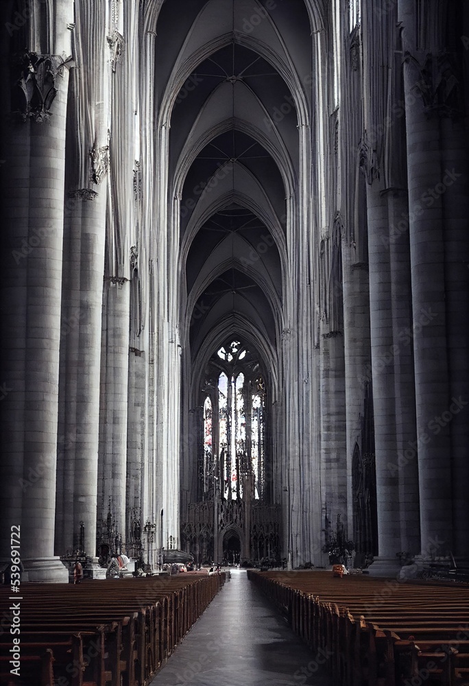 Hyper-realistic illustration of a cathedral interior with columns Stock ...