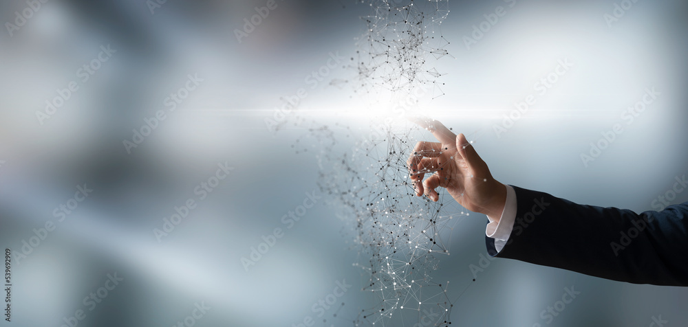 businessman hand touching digital information network transformation ...