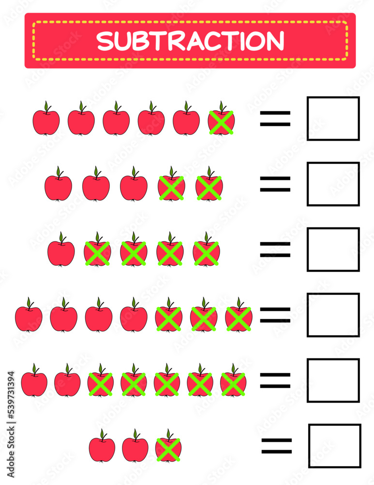 Subtraction. Math worksheet for kids. Developing numeracy skills. Solve ...