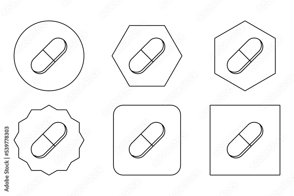Pill Capsule, Medicine, vector mark symbols. Black outline design. Pill ...