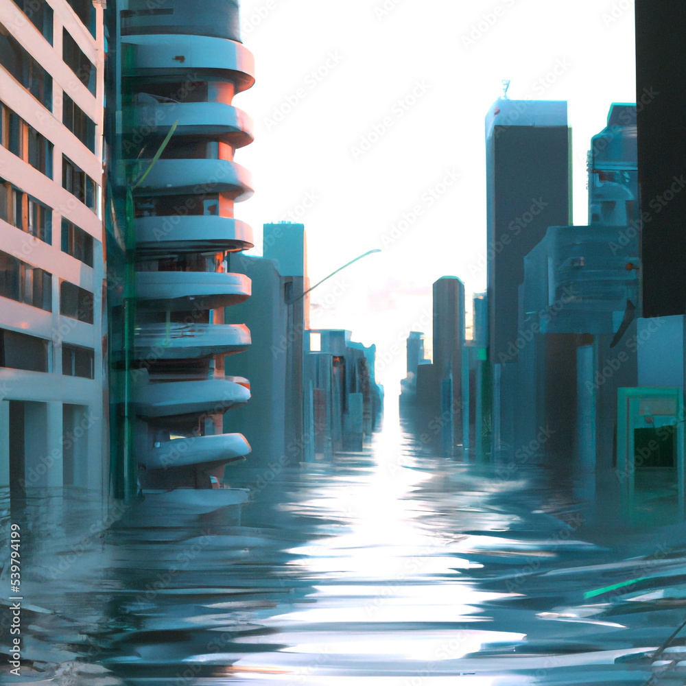 Digital illustration of big city with sea level rising between ...