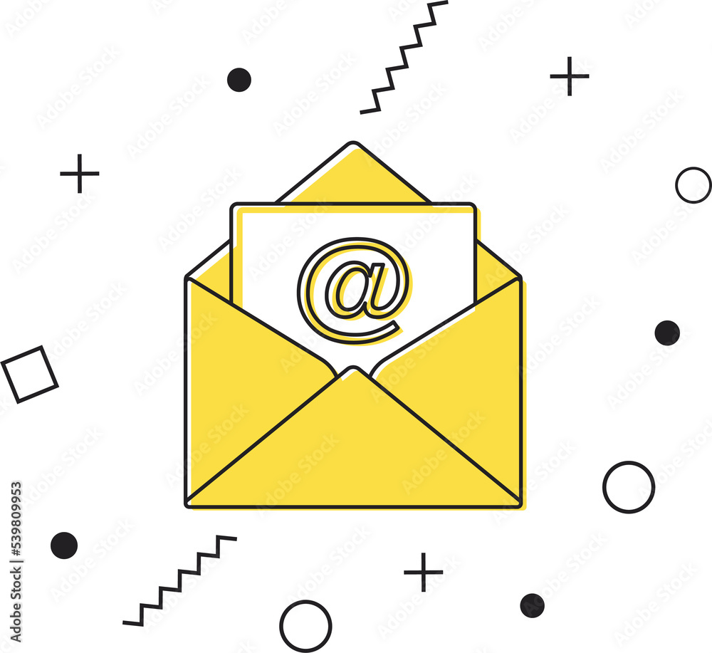 Envelope icon. Yellow mail icon with geometric shapes on white ...