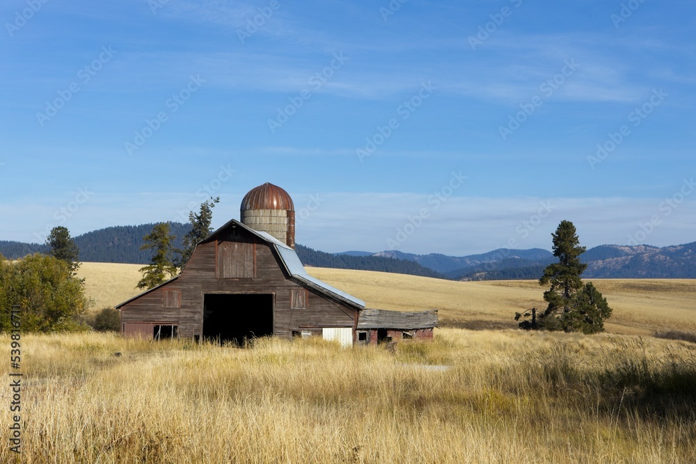 Panoramic view of a barn in a field. Stock Photo | Adobe Stock